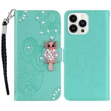 IPHONE 15 PRO MAX OWL RHINESTONE WALLET CASE - CYAN