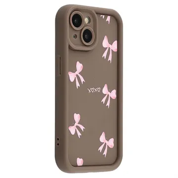IPHONE 14 STYLISH SHOCKPROOF TPU CASE WITH RAISED EDGES - BROWN / BOW