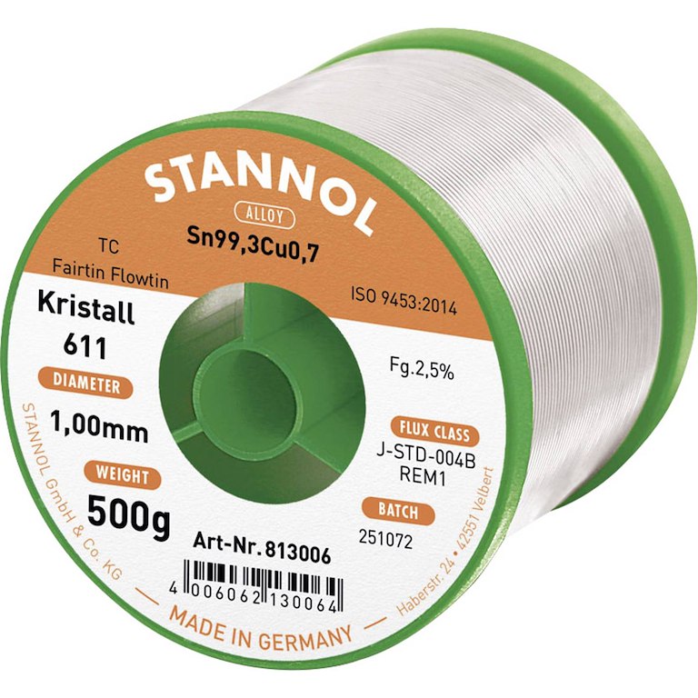 Tinol / kalaj žica Stannol Sn99.3/Cu0.7 Kristall 611 1mm 1000g