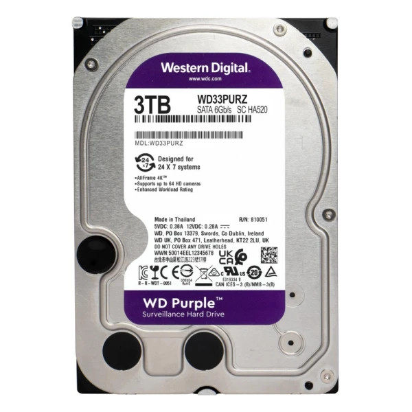 HARD DISK 3TB SATA3 WESTERN DIGITAL CAVIAR 64MB WD33PURZ PURPLE