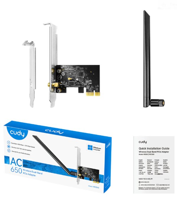Cudy WE650,AC650 Bezicni PCI-E adapter sa dva opsega, 433 Mbps + 200 Mbps ,Dual-Band Wi-Fi 5