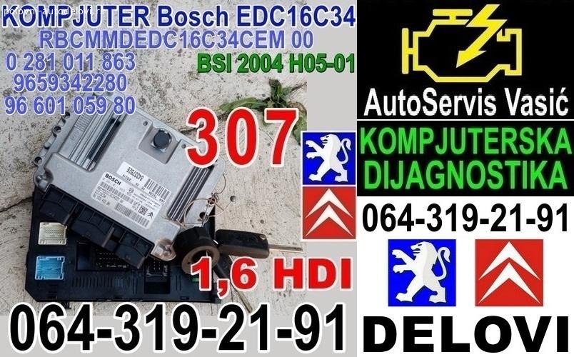 KOMPJUTER PEŽO 307 1,6 HDI BOSCH 0 281 011 863 + BSI + KLJUČ