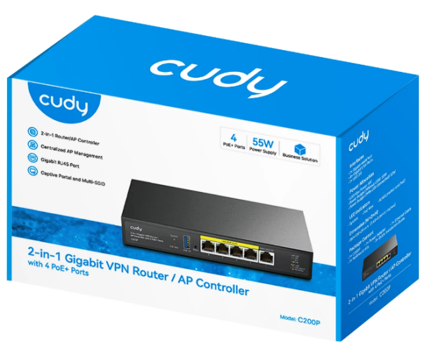 CUDY C200P, 2-IN-1 GIGABIT VPN ROUTER/ AP CONTROLLER WITH 4 POE+ PORTS, 55W