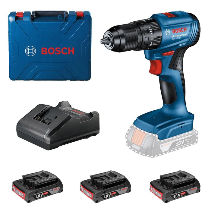 BOSCH Profesionalni set: Akumulatorska vibraciona bušilica/odvrtač GSB 185-LI + 3 x 2,0 Ah akumulatora u koferu - (0615990N1Z)