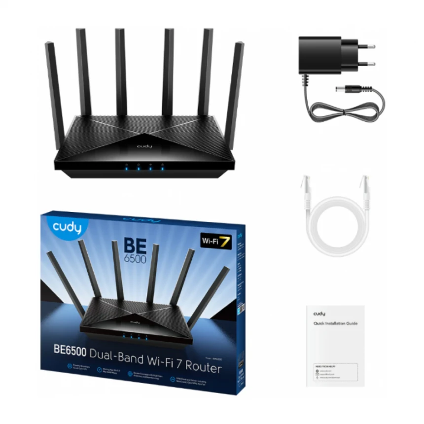 Cudy WR6500H BE6500 2.5G Wi-Fi 7 Router, Broadcom 2 GHz Quad-Core CPU, 6-Stream Dual-Band Wi-Fi 7