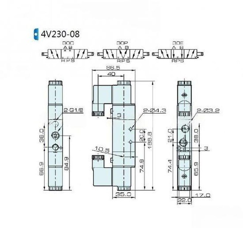Elektromagnetni pneumatski razvodnik 4V230-08 - Tip: 5/3 ili 5/2