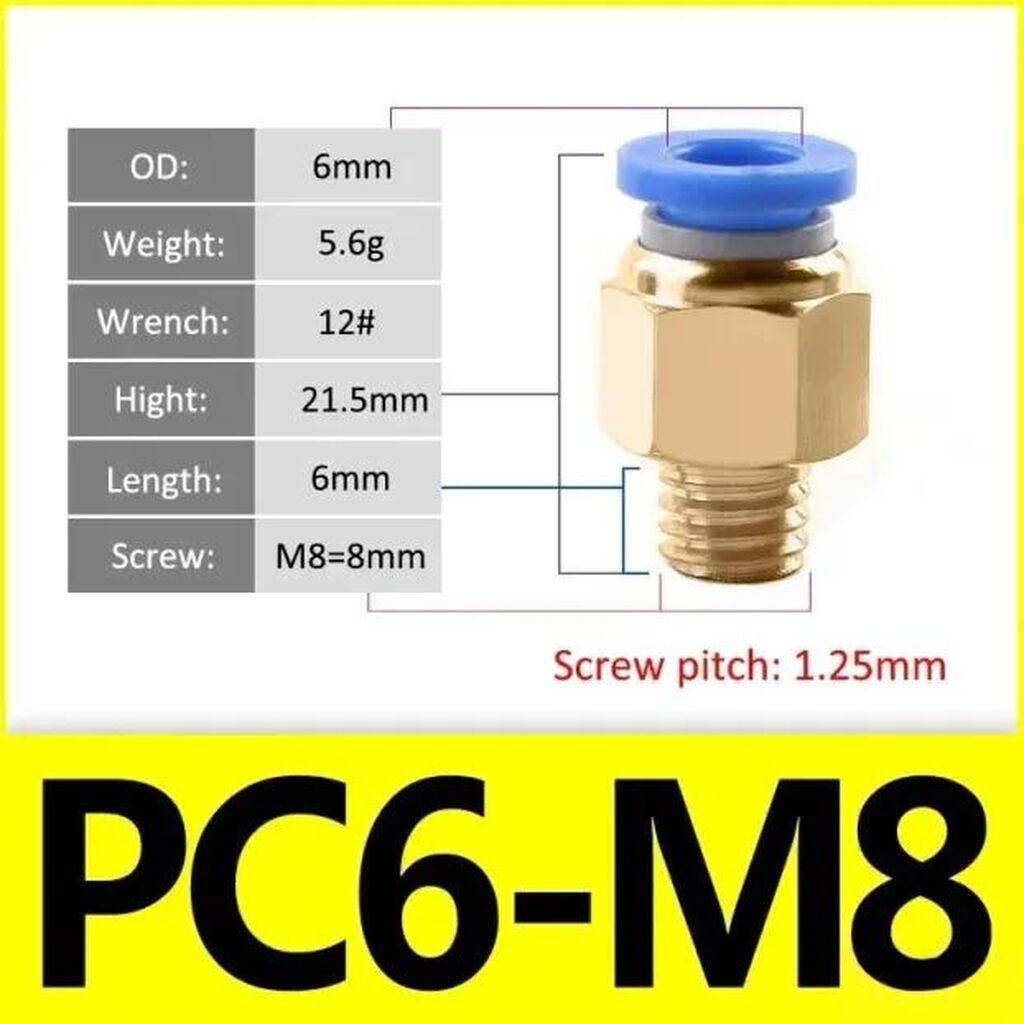 PC6-M8 brza pneumatska fitinga - Tip: PC6-M8, ravni priključak -