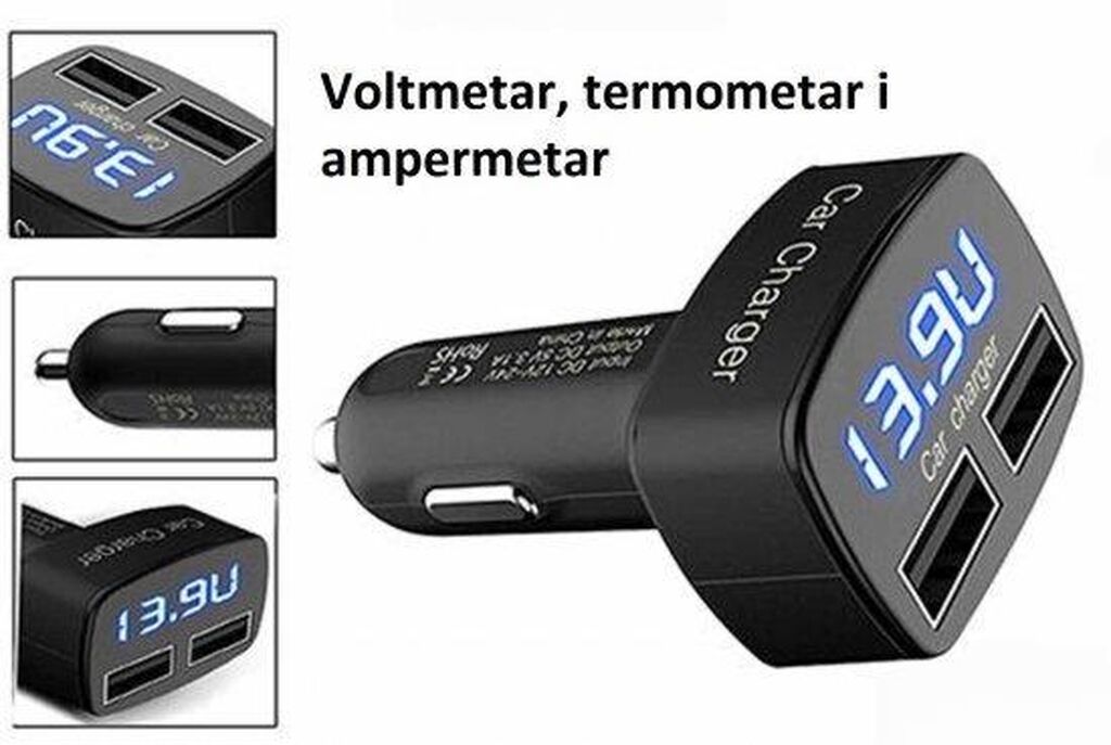 Auto punjač sa dvostrukim USB izlazom i ugrađenim merenjima - Dva USB