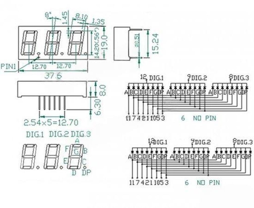 3-cifarski 7-segmentni LED displej (0.56"), zajednička anoda - Tip