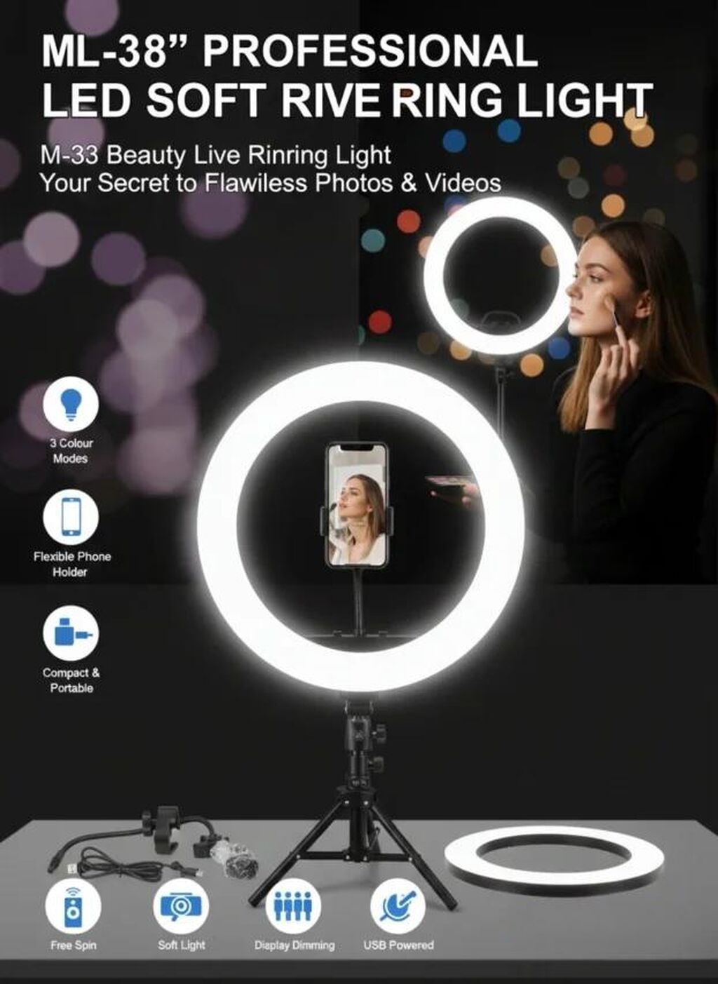 ML-38” Professional LED Soft Rive Ring Light – M-33 Beauty Live Ring