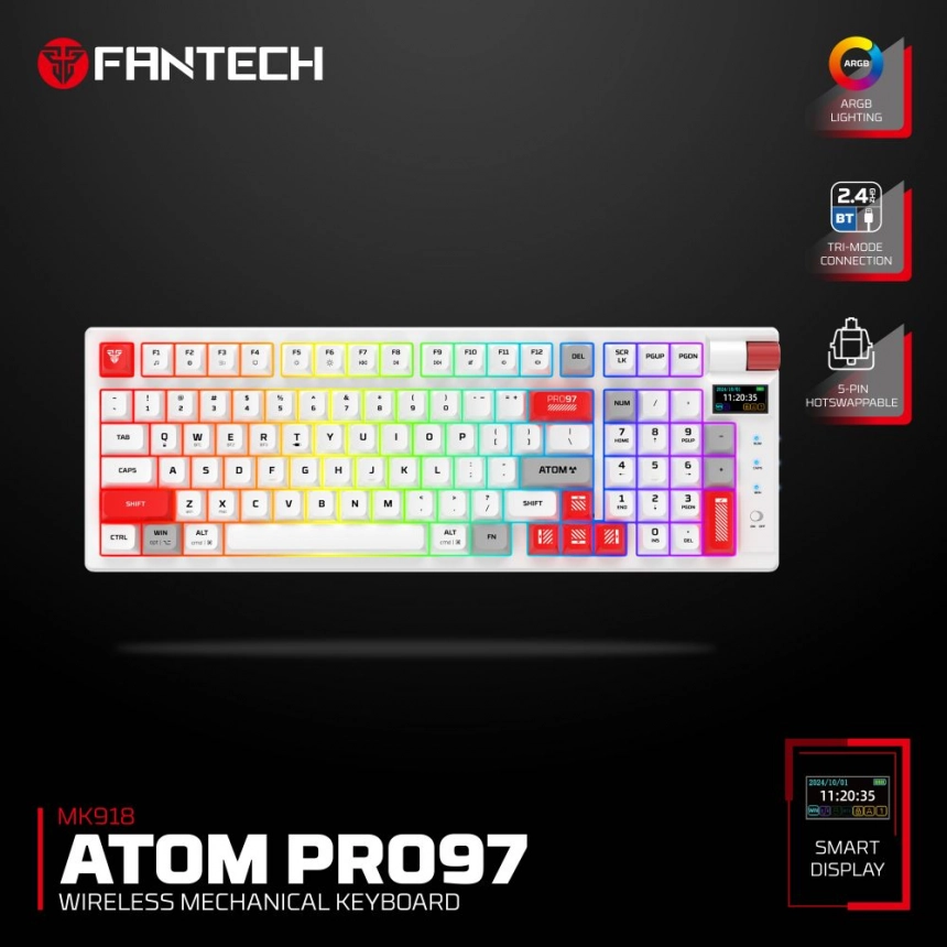 Tastatura Mehanicka Gaming Fantech MK918 RGB Atom PRO97 Wireless bela (Red switch)