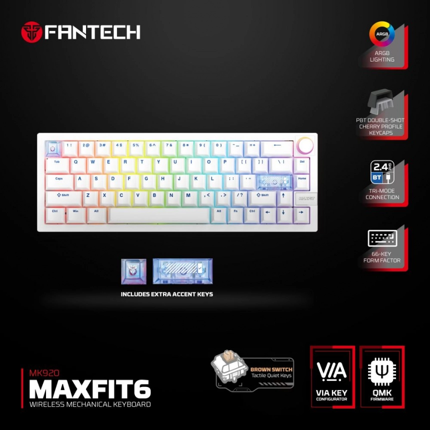 Tastatura Mehanicka Gaming Fantech MK920 RGB Maxfit 6 Wireless bela (Brown switch)