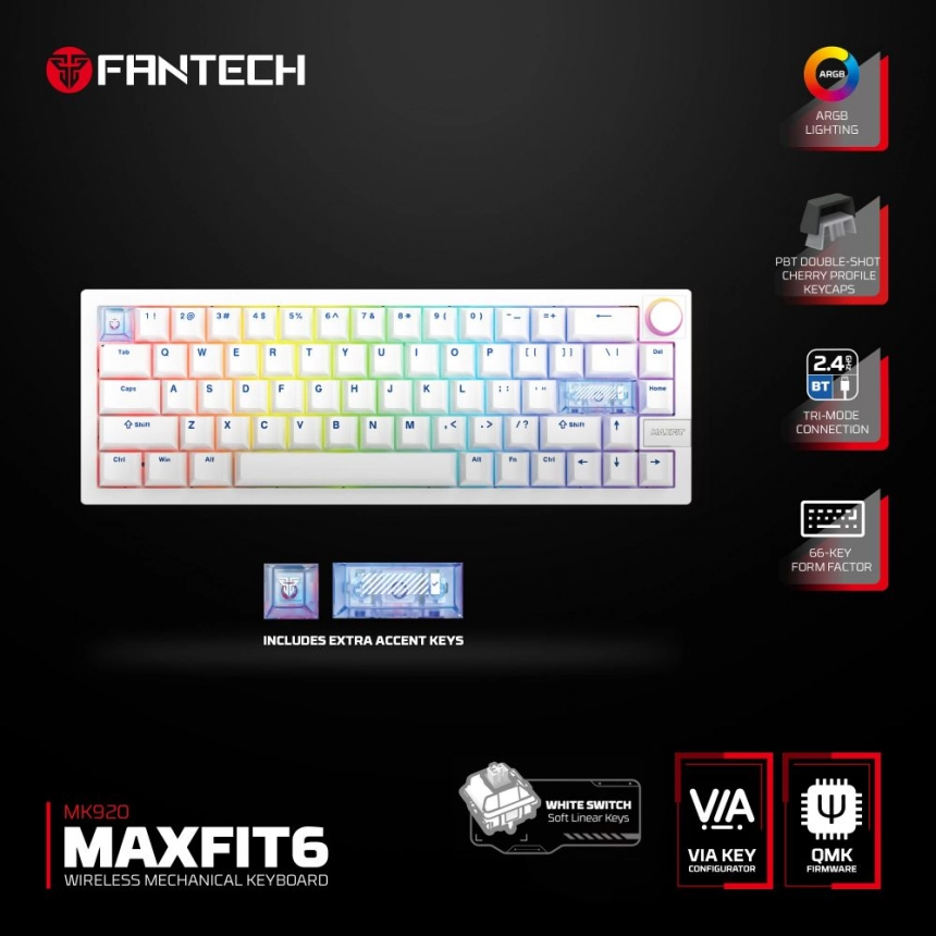 Tastatura Mehanicka Gaming Fantech MK920 RGB Maxfit 6 Wireless bela (White switch)