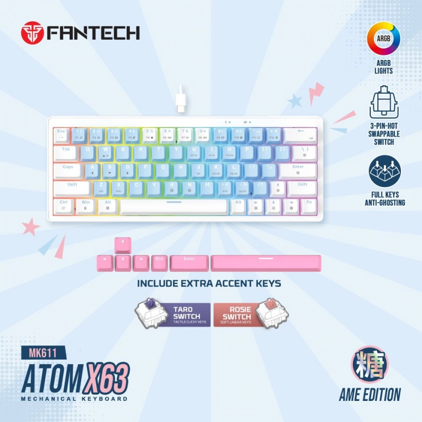Tastatura Mehanicka Gaming Fantech MK611 Atom x63 AME plava (taro switch)