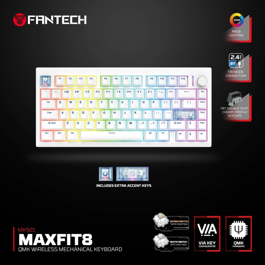Tastatura Mehanicka Gaming Fantech MK921 Maxfit 8 Wireless white brown switch