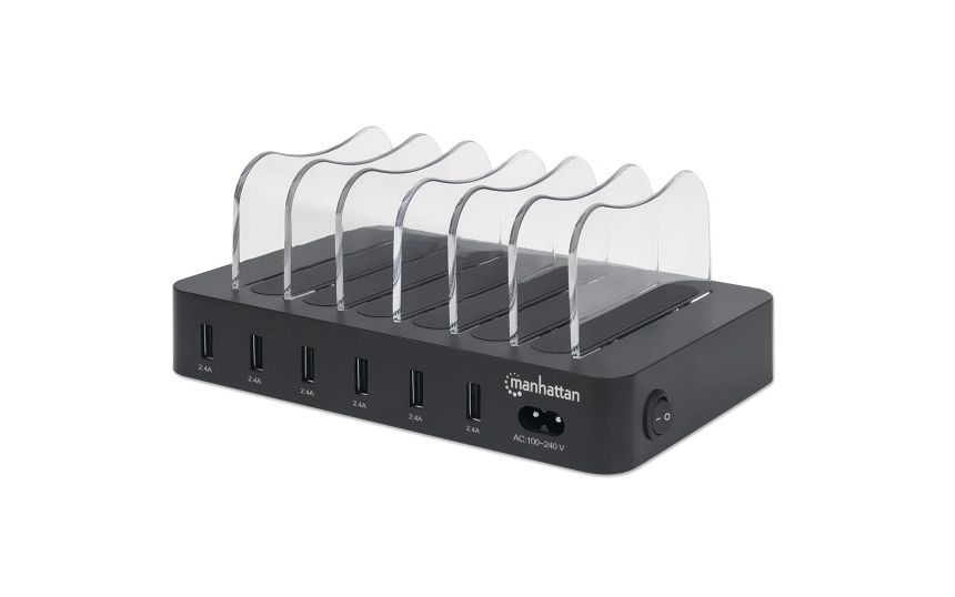USB punjač 6-port Manhattan 102254 5V/2.4V/50W/držač za telefon Crni