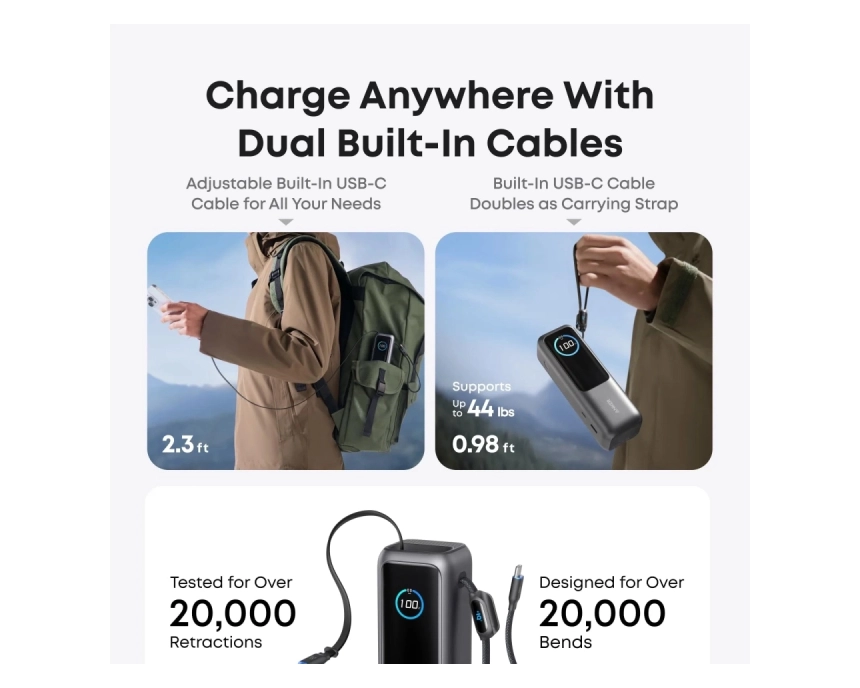 ANKER 25000mAh, 165W, sa ugrađenim USB-C kablom na izvlačenje, Power Bank za laptop srebrni