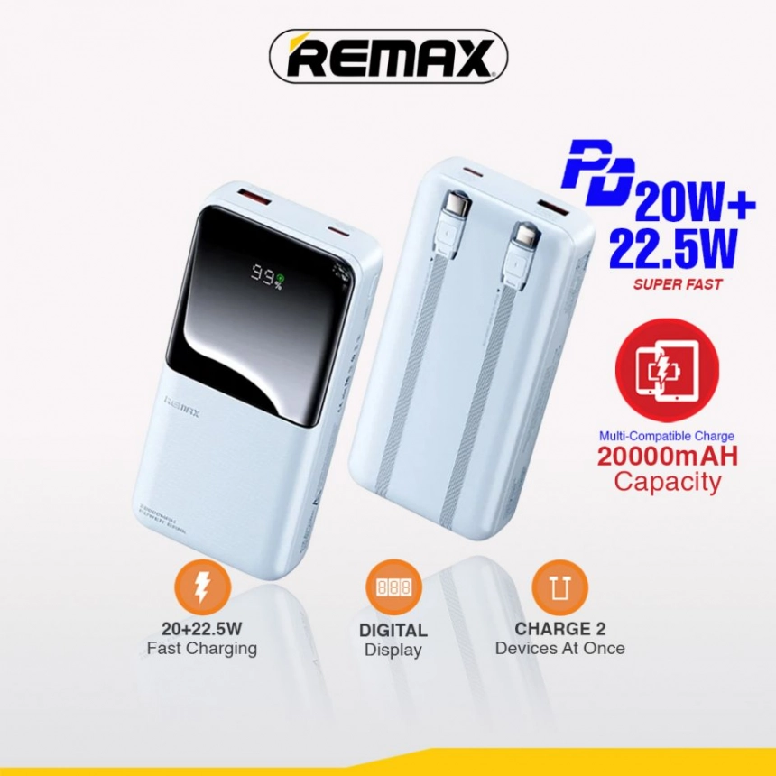 Power bank prenosiva baterija REMAX Cynlle Series RPP-680 PD 20W+QC 22.5W 20000mAh plavi