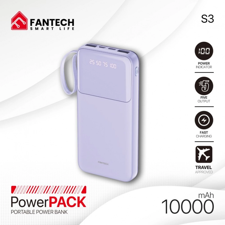 Power bank Prenosiva baterija Fantech S3 10000mAh, 10W ljubicasti