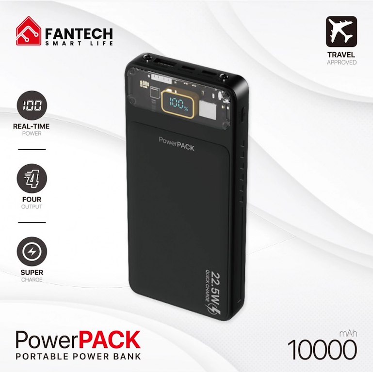 Power bank Prenosiva baterija Fantech T1 10000mAh QC, PD, 22.5W crni