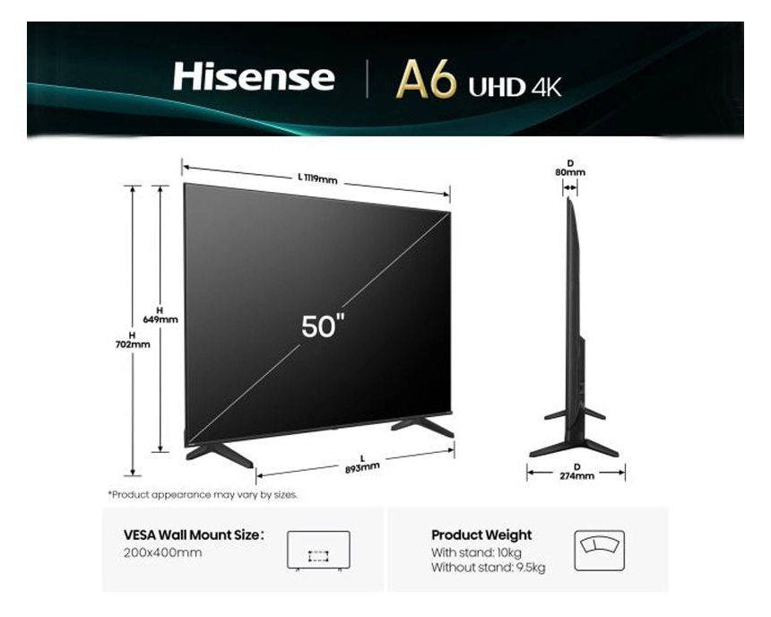 Televizor Hisense H50A6Q Smart, LED, 4K UHD, 50"(127cm), DVB-T/T2/C/S/S2