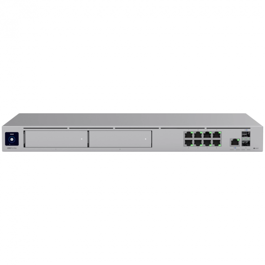 Ubiquiti rack-mount Cloud Gateway with 10 Gbps performance, multi-WAN load balancing, and two NVR drive bays designed for large-scale, multi-application UniFi sites