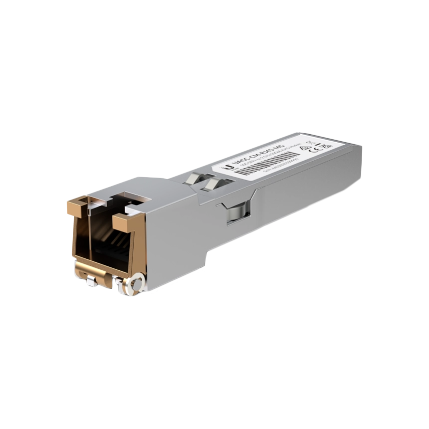 Ubiquiti UACC-CM-RJ45-MG SFP+ to RJ45 adapter, 1/2.5/5/10 GbE is a RJ45 transceiver that can be inserted into an SFP port in order to connect a copper Ethernet cable