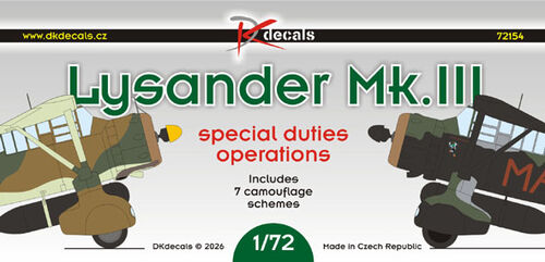 DKdecals 72154 Westland Lysander Mk.III - Special Duties Operations