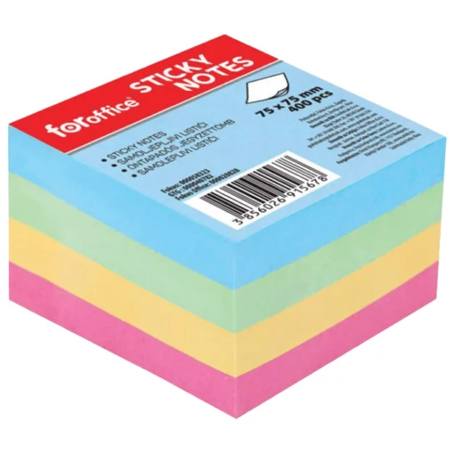 STICKY NOTES Samolepljivi blok – kocka 75×75 mm 400 listova pastel (4 boje) FORoffice