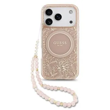 IPHONE 17 PRO GUESS IML FLOWERS ALLOVER ELECTRO CASE WITH PEARL STRAP - MAGSAFE COMPATIBLE - PINK
