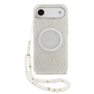 IPHONE AIR GUESS IML FLOWERS ALLOVER ELECTRO CASE WITH PEARL STRAP - MAGSAFE COMPATIBLE (OPEN-BOX SATISFACTORY) - WHITE