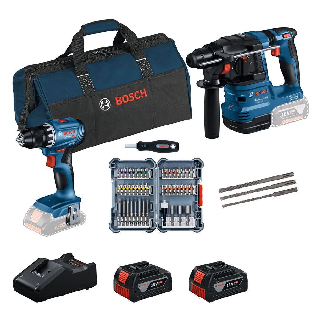 Bosch Set aku alata Bušilica odvrtač GSR 18V-45 i Aku čekić GBH 18V-22 + komplet pribora, 2x 4.0Ah 0615V0003D
