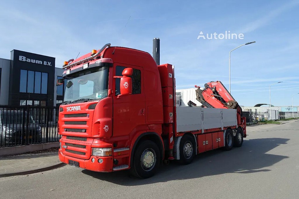 Scania R480 8X2 / FASSI 455XP 6X + WINCH / 310.000KM / EURO 5 kamion s ravnom platformom