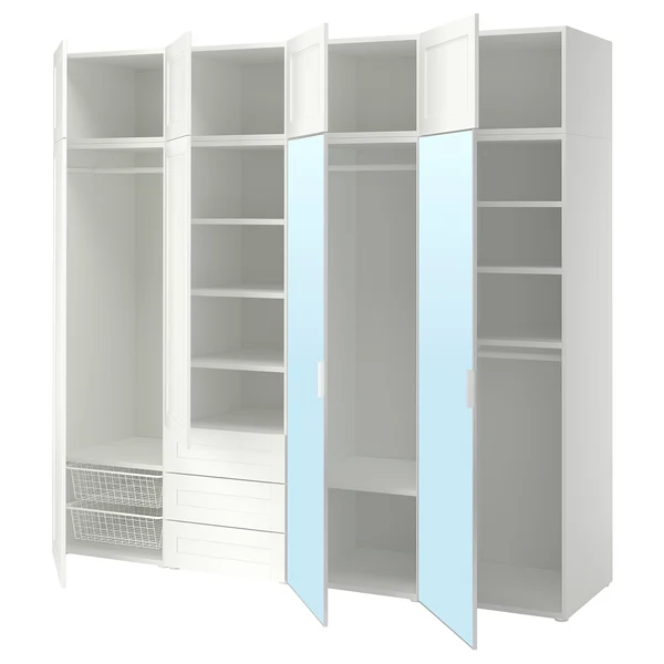 Garderober s 8 vrata i 3 fioke, bela STRAUMEN staklo ogledala/SANNIDAL bela, 240x57x221 cm