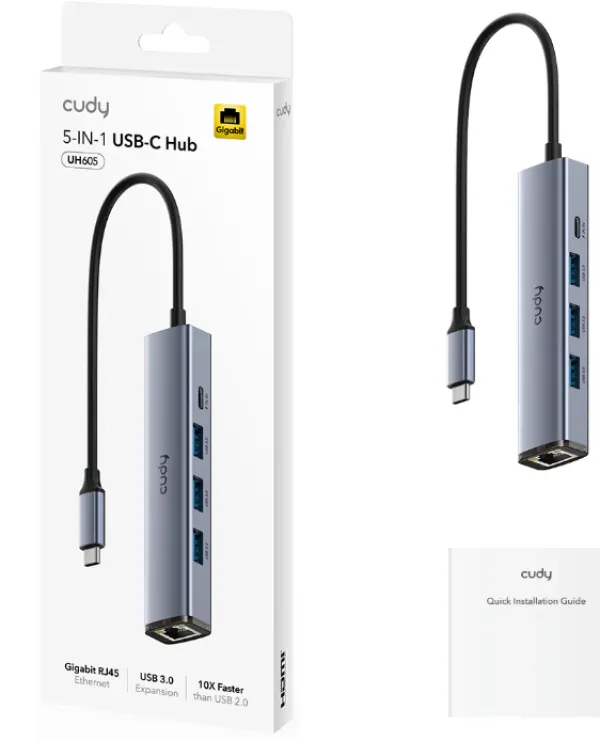 Cudy UH605 1.0,5-In-1 USB-C Hub with Gigabit Ethernet Port,3× USB-A 3.2 Gen 1 (5 Gbps),25cm