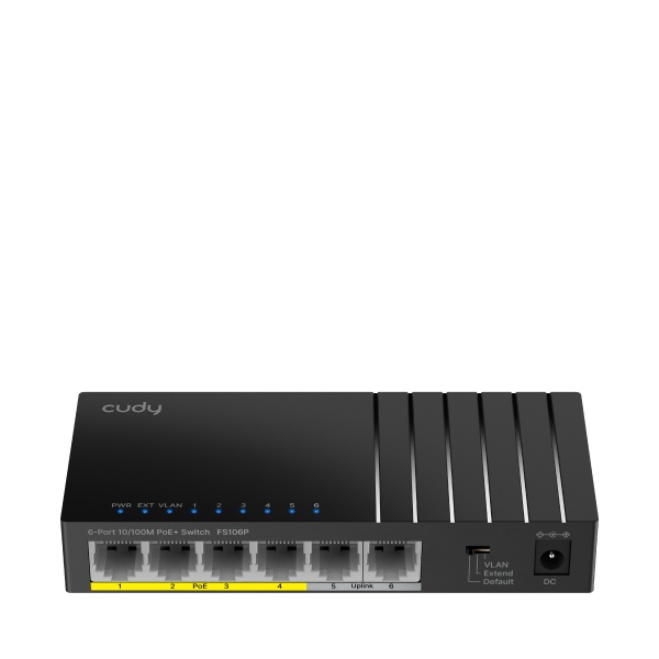Cudy FS106P,6-Port 10/100M PoE+ Switch,4× FE with 802.3at/af Mode A PoE,2× Uplink FE,36W