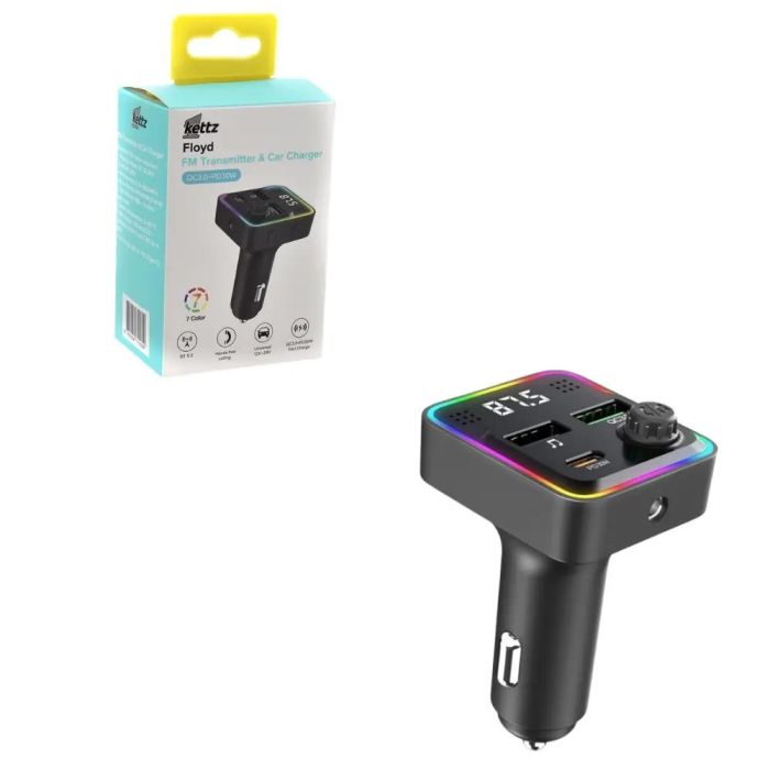 Kettz FM Transmiter i Punjač Flyod – 2×USB QC3.0 + Type-C PD30W, LED