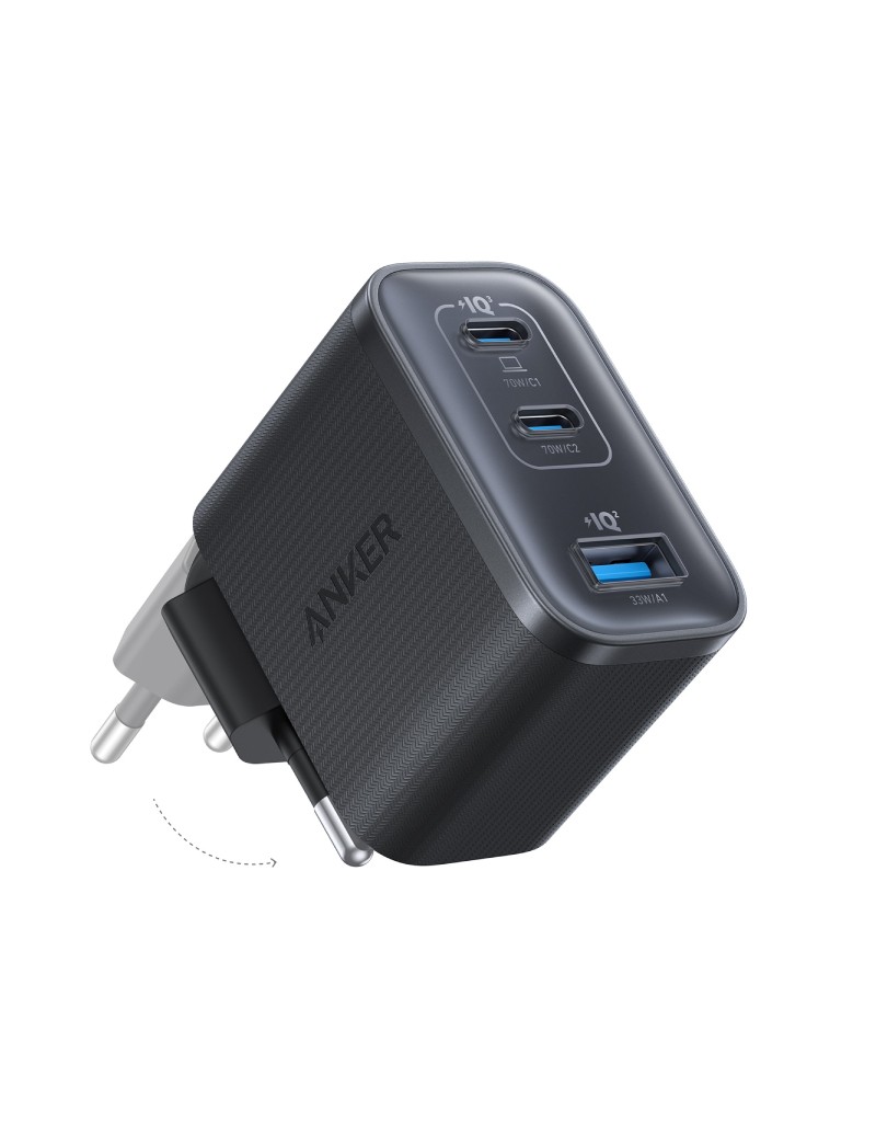 ANKER Nano 70W GaN zidni brzi punjac, 3-porta (2x USB-C i 1x USB-A) crni