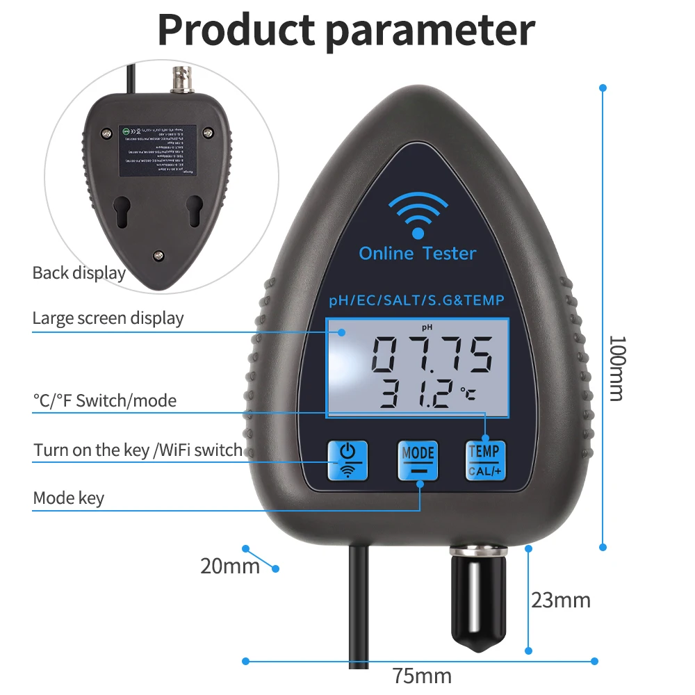 Merač kvaliteta vode PH, EC, SALT, S.G i temperatura Tuya WiFi 5 u 1