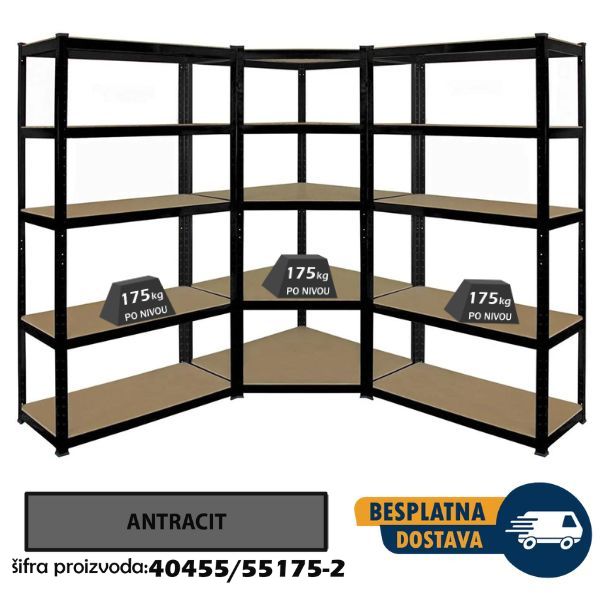 Komplet Ugaona polica 180x90x90x45cm, 5x175kg + 2 police 180x120x45cm, 5x175kg antracit