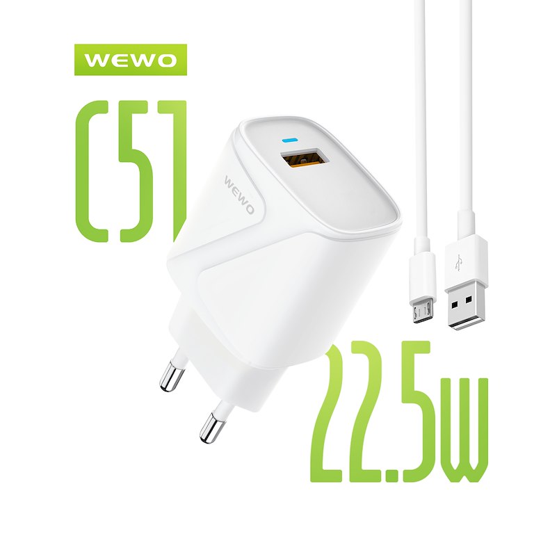 WEWO C51 FAST USB PUNJAČ QC 22.5W/3A + TIP-C USB D