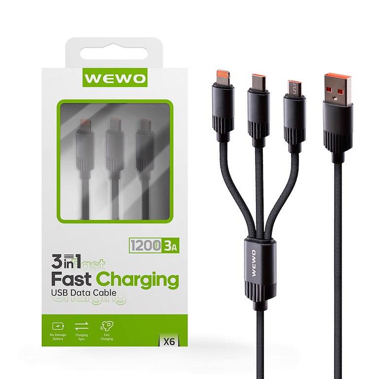 WEWO X6 USB DATA CABLE TE 3IN1 FAST 3A CRNI 1.2M