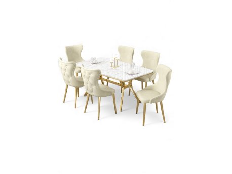 HANAH HOME Rasklopivi trpezarijski sto i stolice (7 delova) Esla White Marble Gold Cream