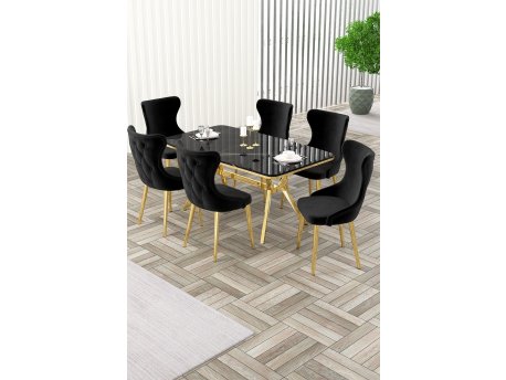 HANAH HOME Rasklopivi trpezarijski sto i stolice (7 delova) Esla Black Marble Gold Black