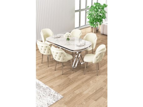 HANAH HOME Set trpezarijskog stola i stolica (7 delova) Zae White Marble Chrome Cream
