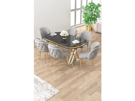 HANAH HOME Set trpezarijskog stola i stolica (7 delova) Zae Black Marble Gold Grey