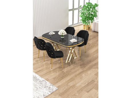 HANAH HOME Set trpezarijskog stola i stolica (5 delova) Zae Black Marble Gold Black
