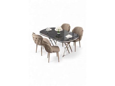 HANAH HOME Set trpezarijskog stola i stolica (5 delova) Zae Black Marble Chrome Cappuccino