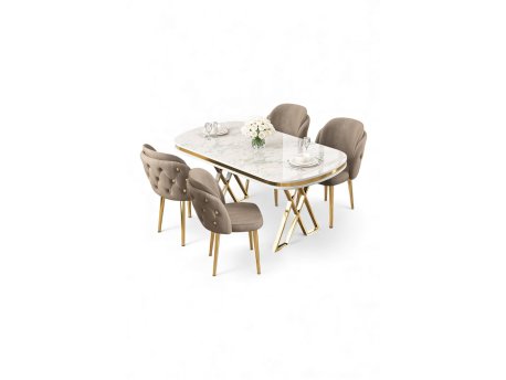 HANAH HOME Set trpezarijskog stola i stolica (5 delova) Zae White Marble Gold Cappuccino
