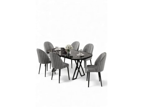 HANAH HOME Set trpezarijskog stola i stolica (7 delova) Kaye Black Marble Grey